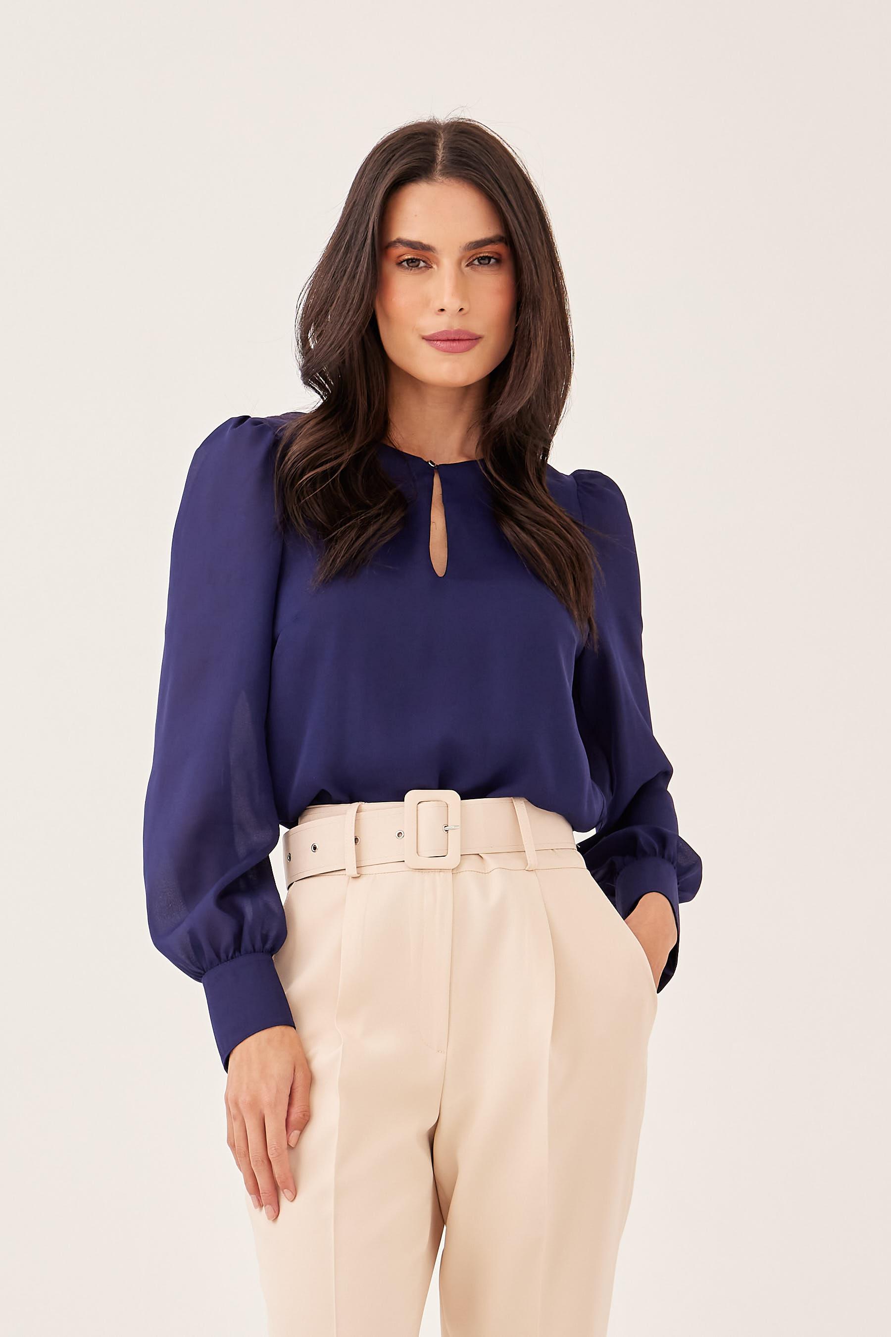 Veria | Blusa Lara Crepe Liso Azul Marinho